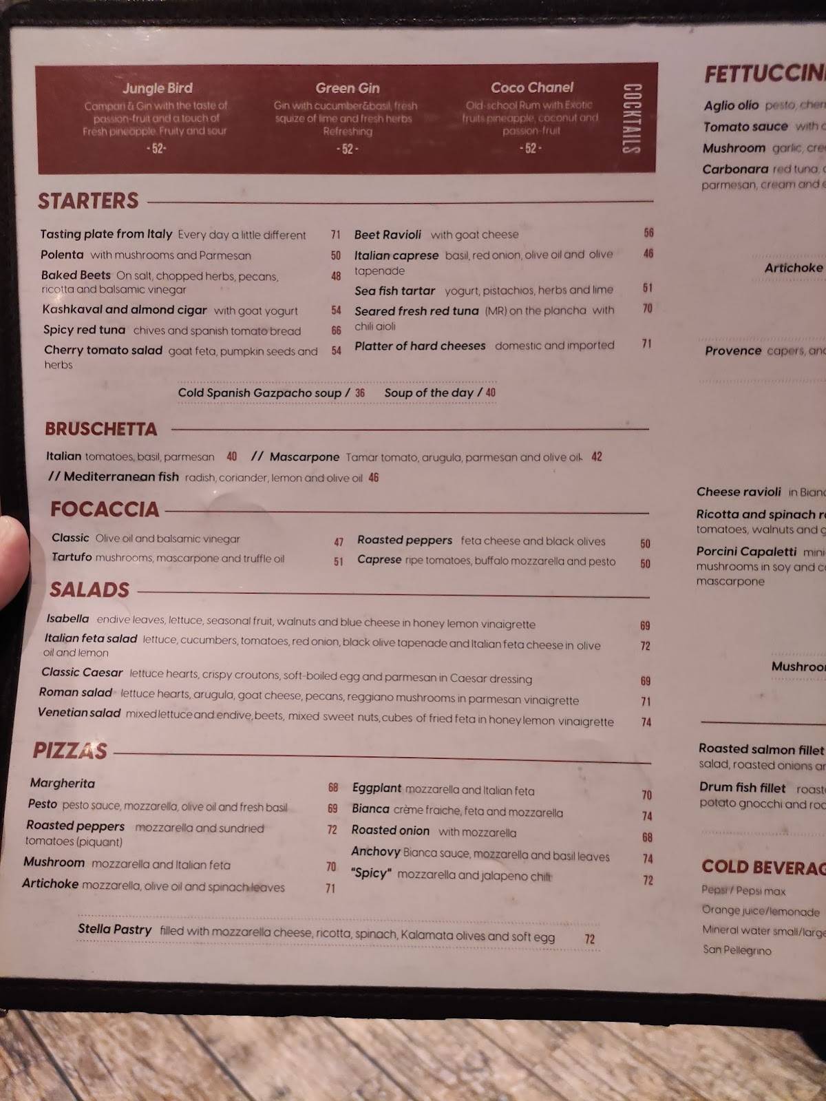 Menu at Luciana restaurant, Jerusalem, ממילא 8