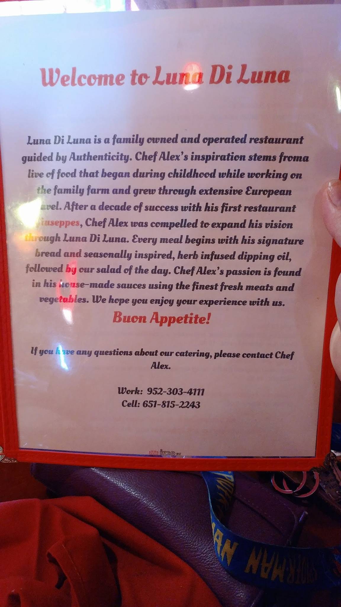 Menu at Luna Di Luna restaurant, Bloomington