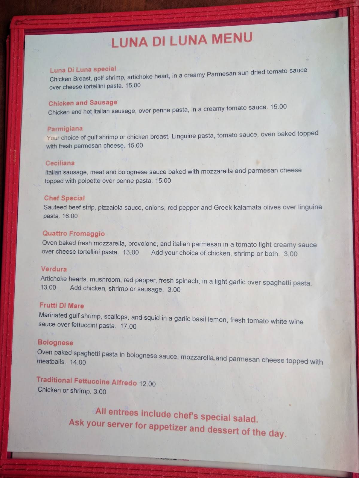 Menu at Luna Di Luna restaurant, Bloomington