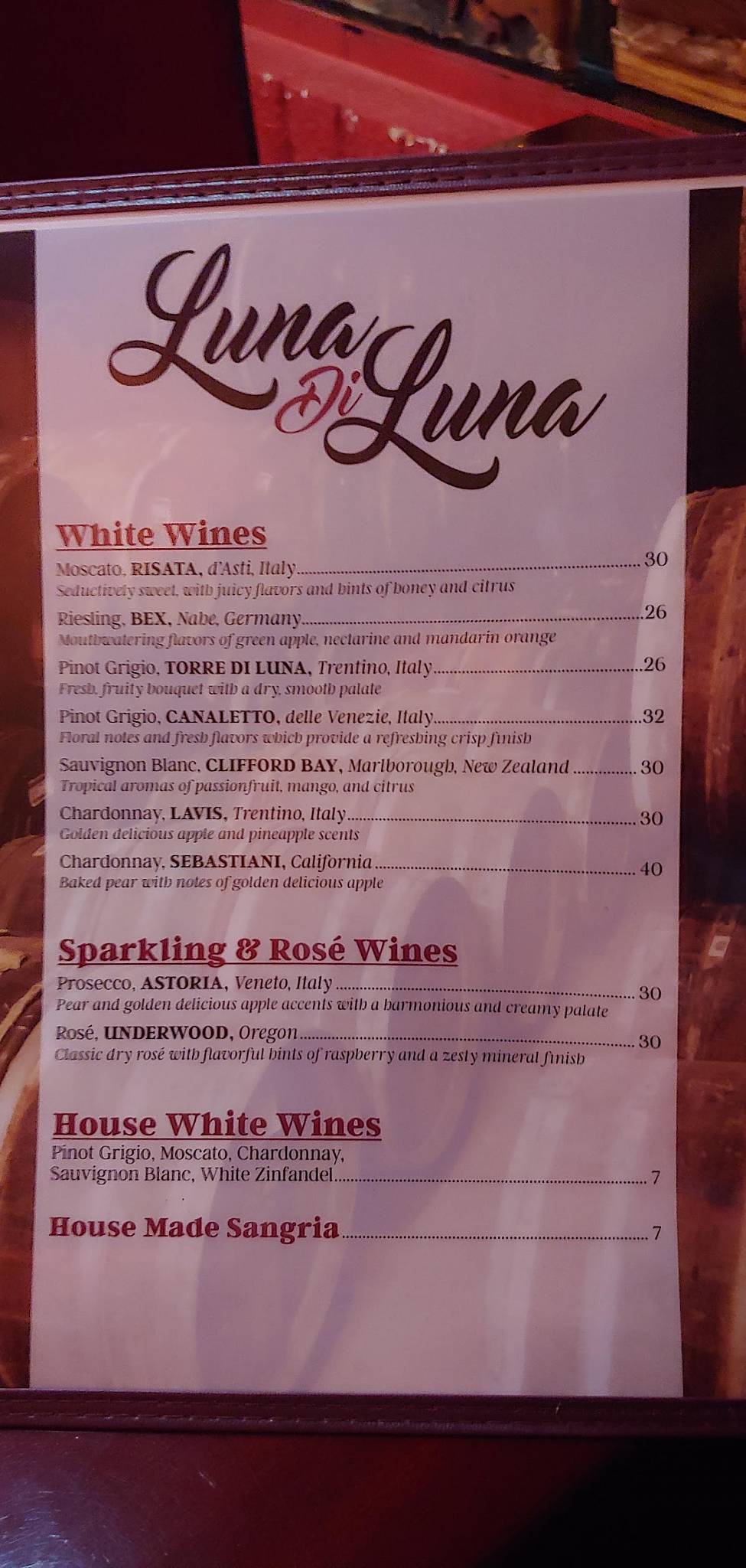 Menu at Luna Di Luna restaurant, Bloomington