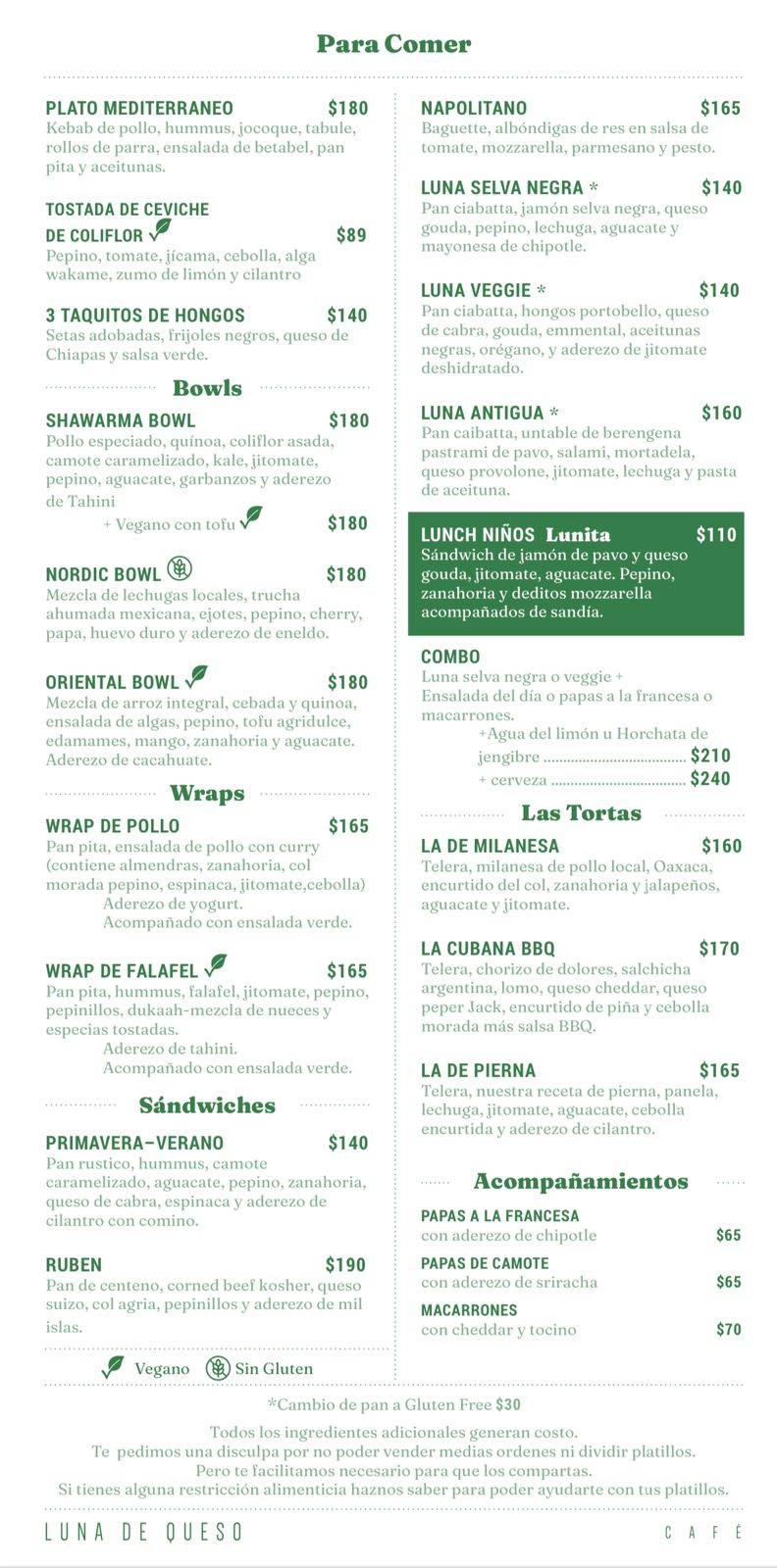 Menu at Luna de Queso pub & bar, San Miguel de Allende, Josefina Orozco 10