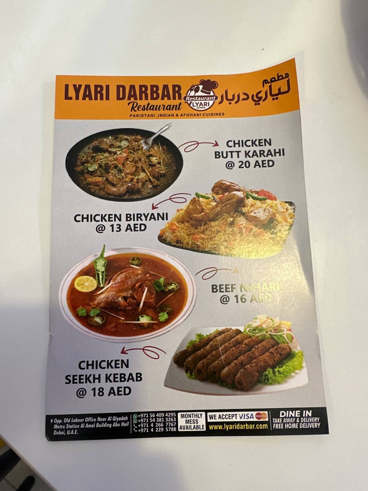 Carta de Lyari Darbar Restaurant - Pakistani Cuisine, Dubai, 28th St
