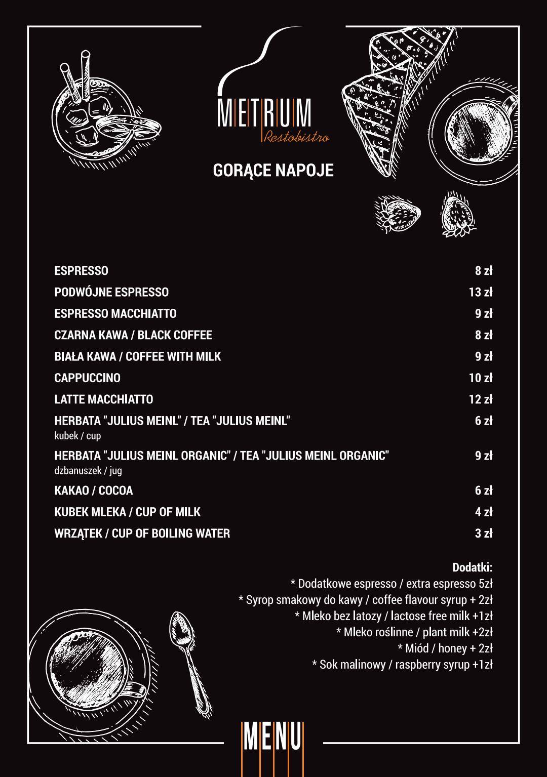 Carta del restaurante Metrum Restobistro, Cracovia