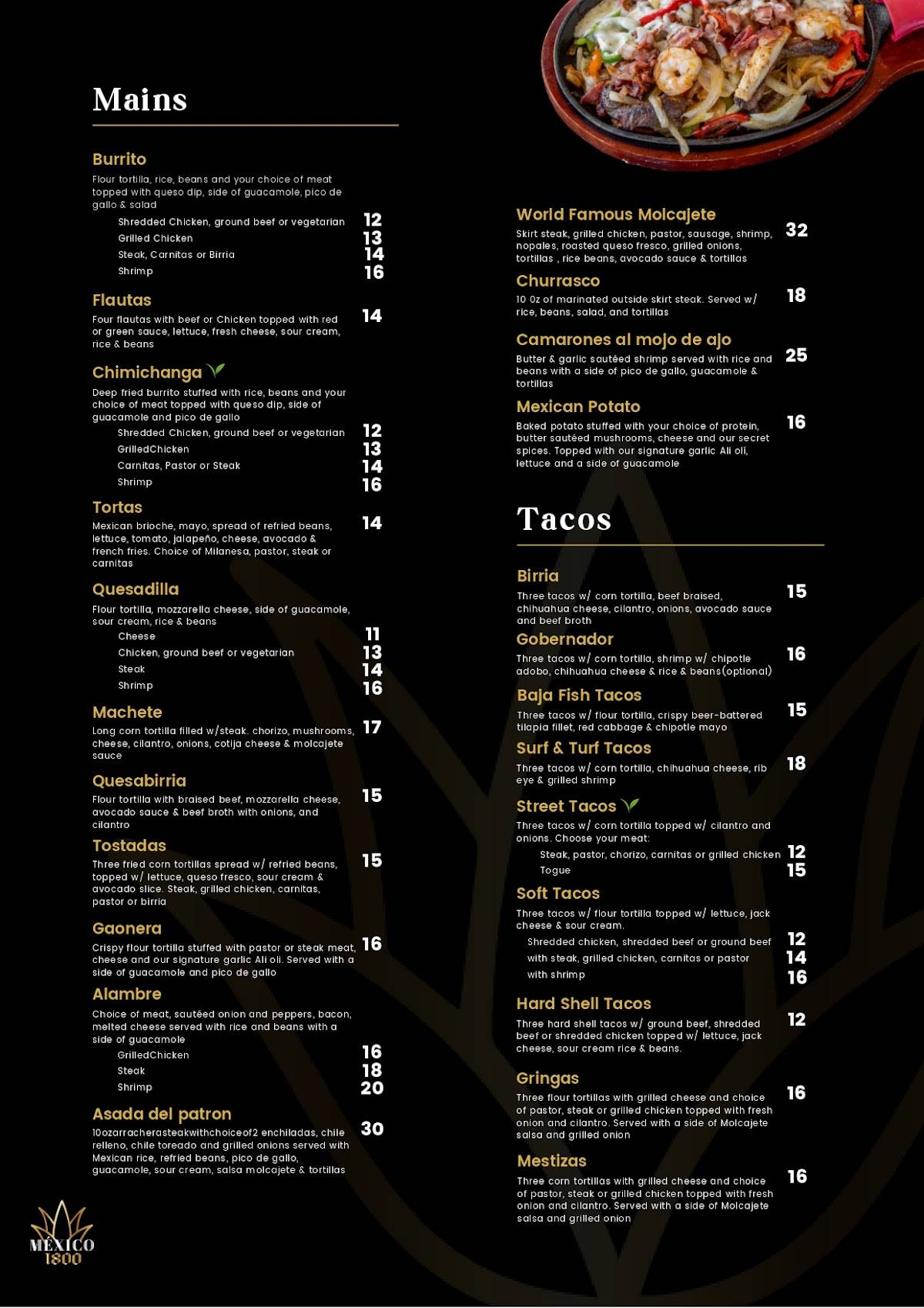 Menu at MÉXICO 1800 Traditional Kitchen & Tequila Bar (Formerly ...