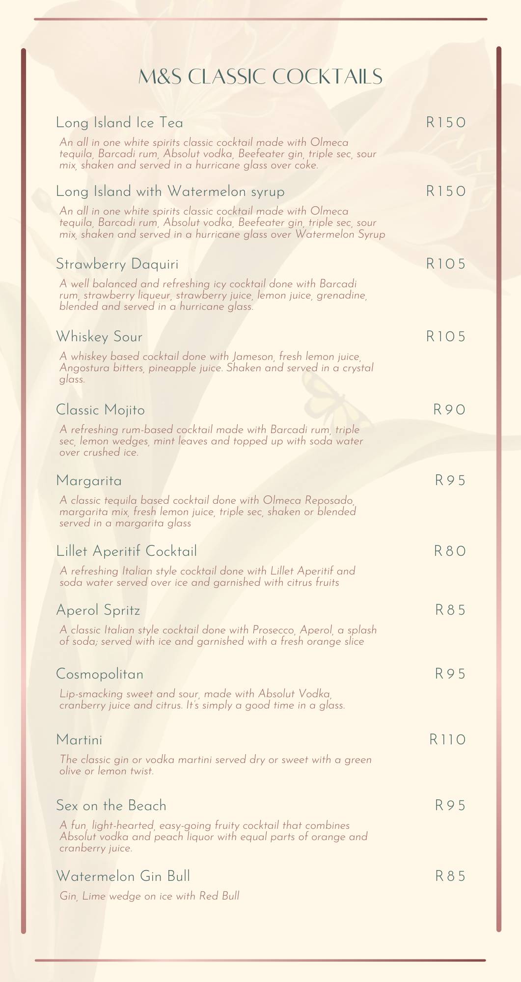 Menu at Madam & Sir Florida Road restaurant, Durban