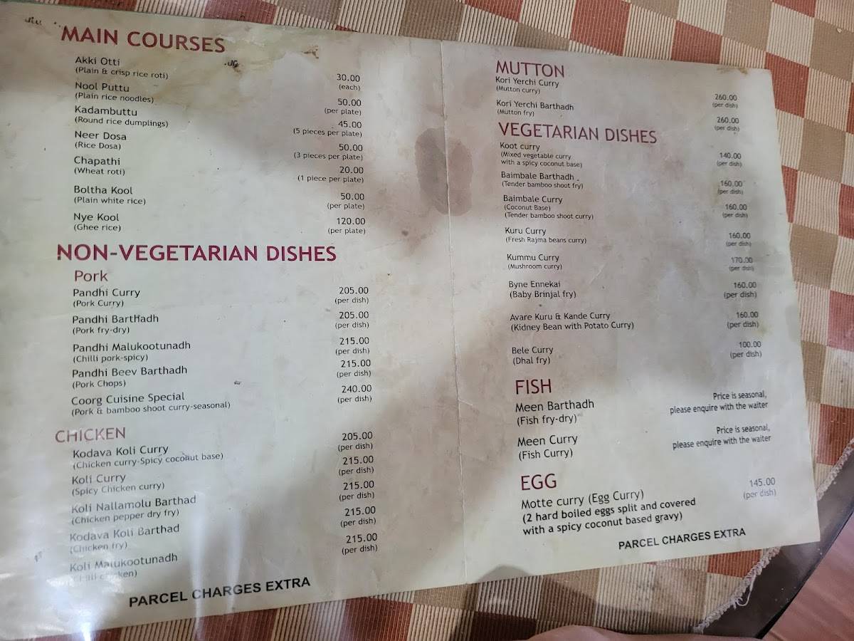 Menu at Coorg Cuisine, Madikeri