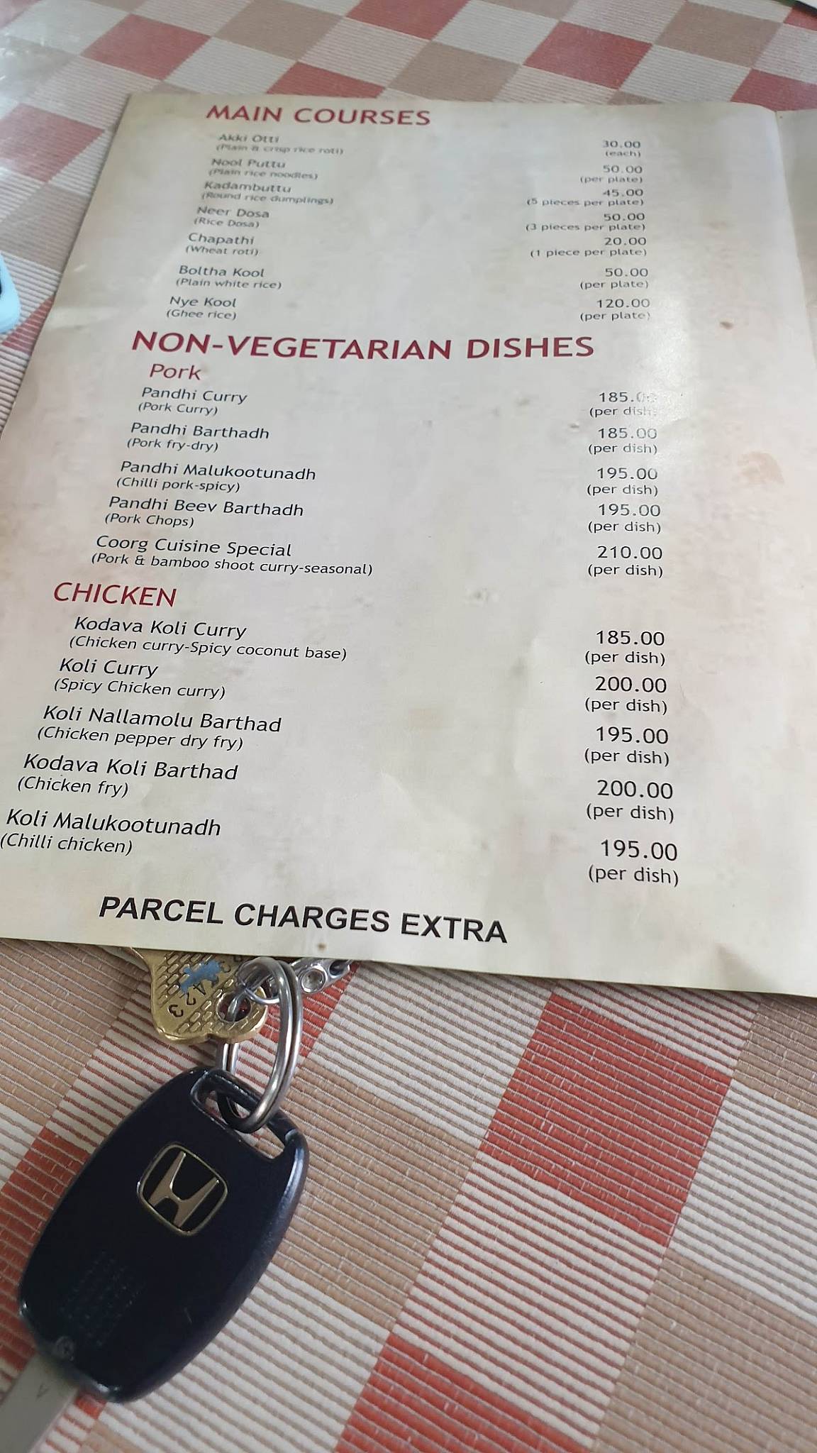 Menu at Coorg Cuisine, Madikeri