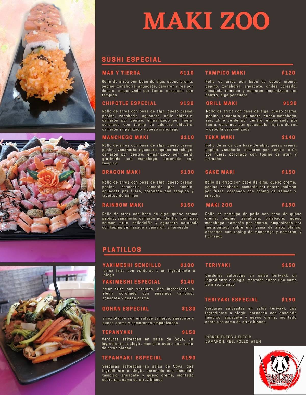 Menu at Maki zoo restaurant, Tepic, Iturbide 166b