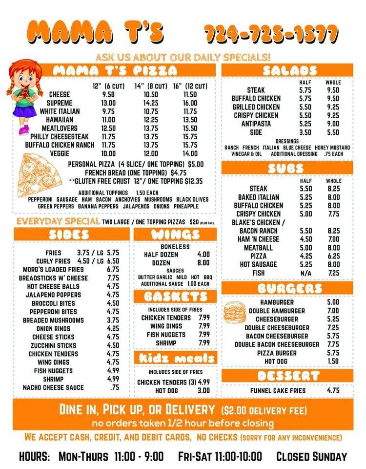 Menu at Mama T's Pizza pizzeria, Point Marion