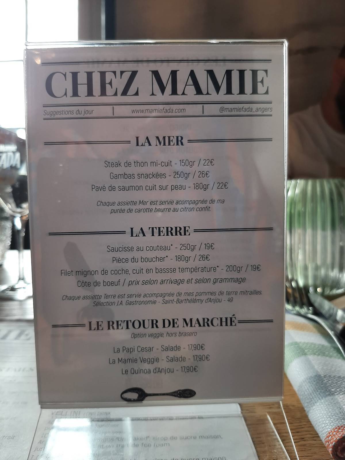 Menu au Mamie Fada restaurant, Angers