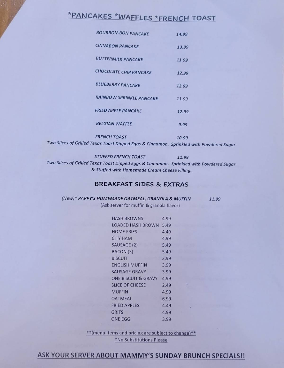 Menu at Mammy's Kitchen & Bar, Bardstown