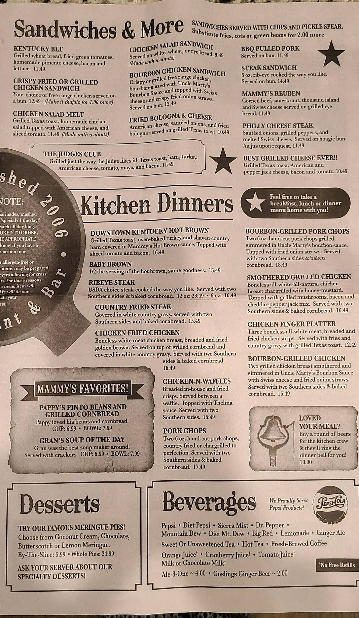 Menu at Mammy's Kitchen & Bar, Bardstown