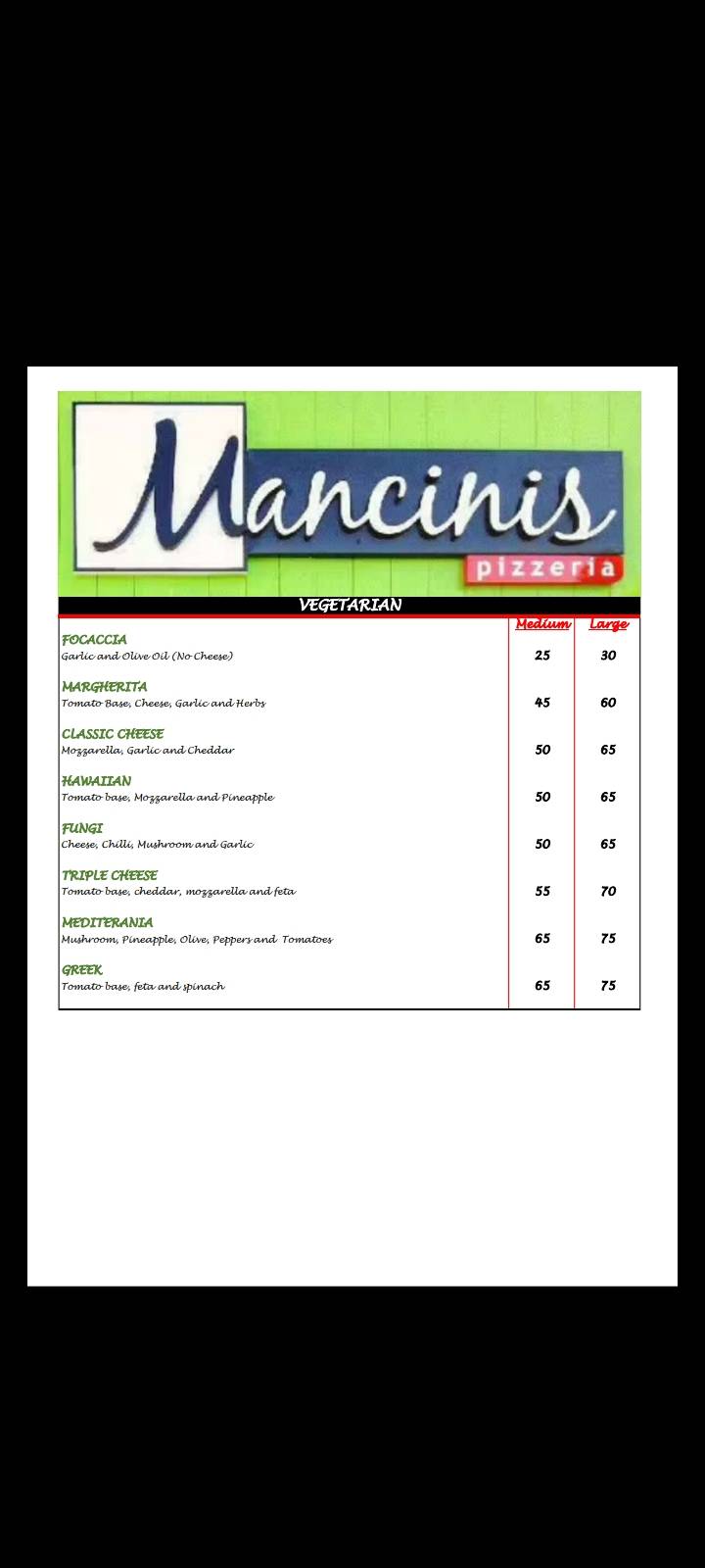 Speisekarte von Mancinis pizzeria, Kapstadt, 225 Belgravia Rd