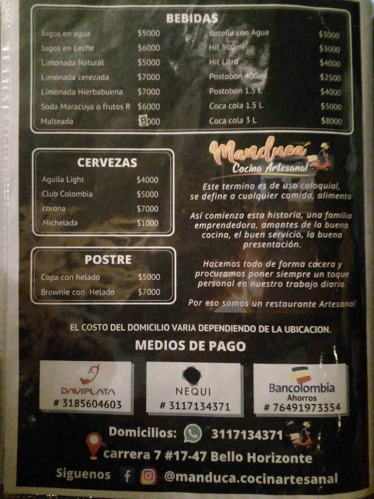 Carta del restaurante Manduca Cocina Artesanal, Jamundí
