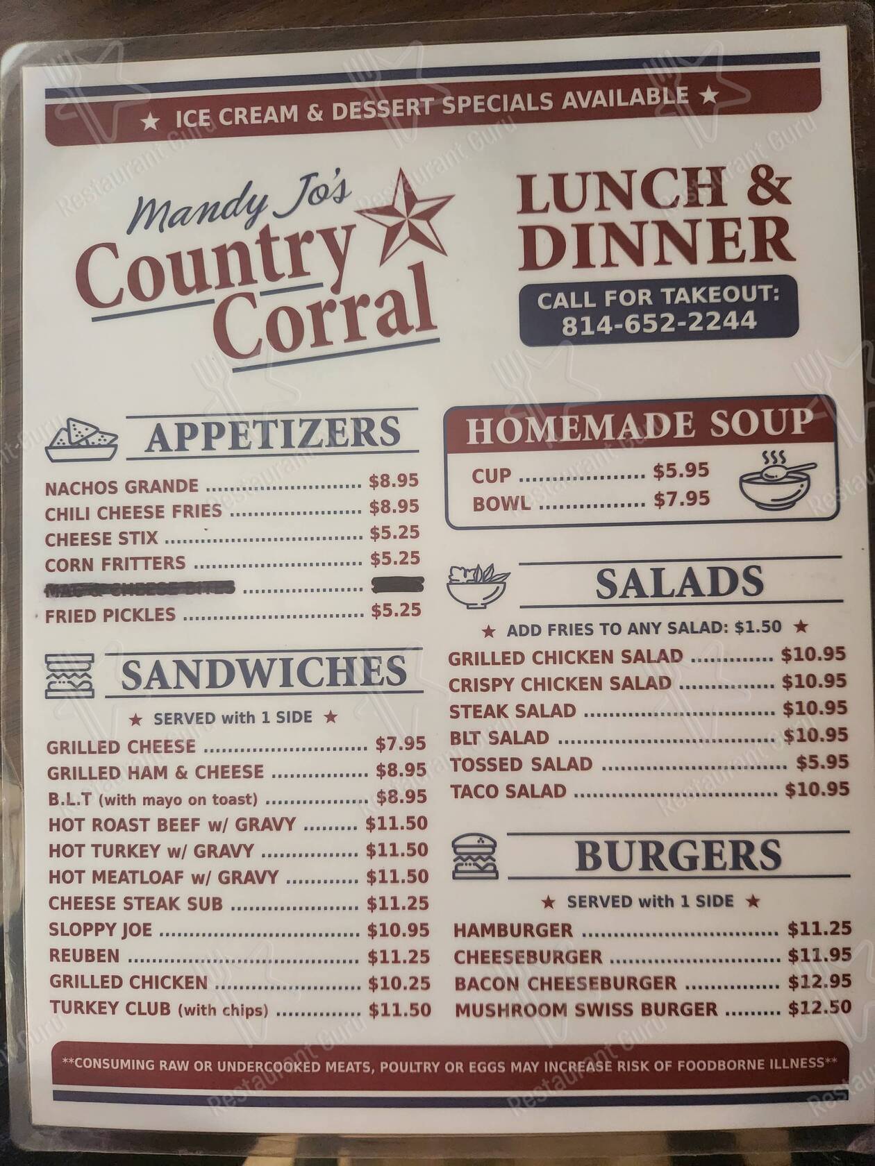 Menu at Mandy Jo's Country Corral restaurant, Everett