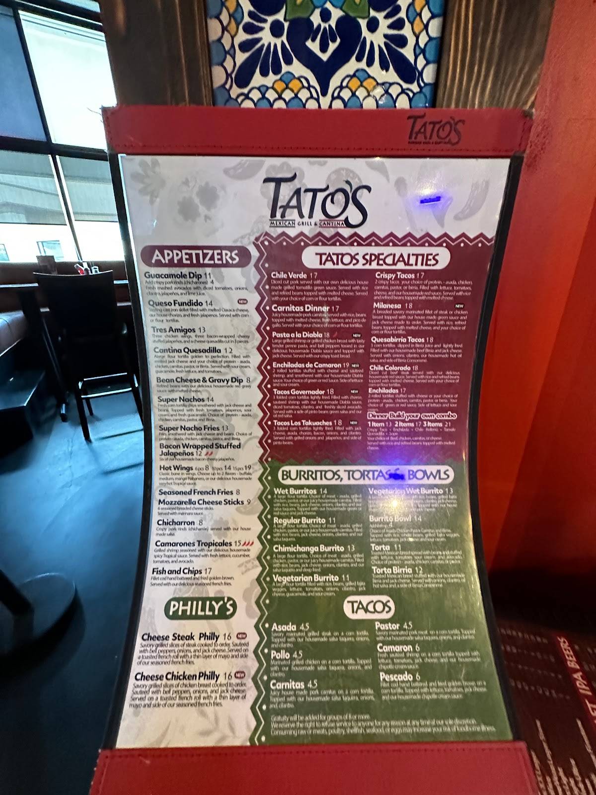 Menu at Tato’s Mexican Grill & Cantina restaurant, Manteca