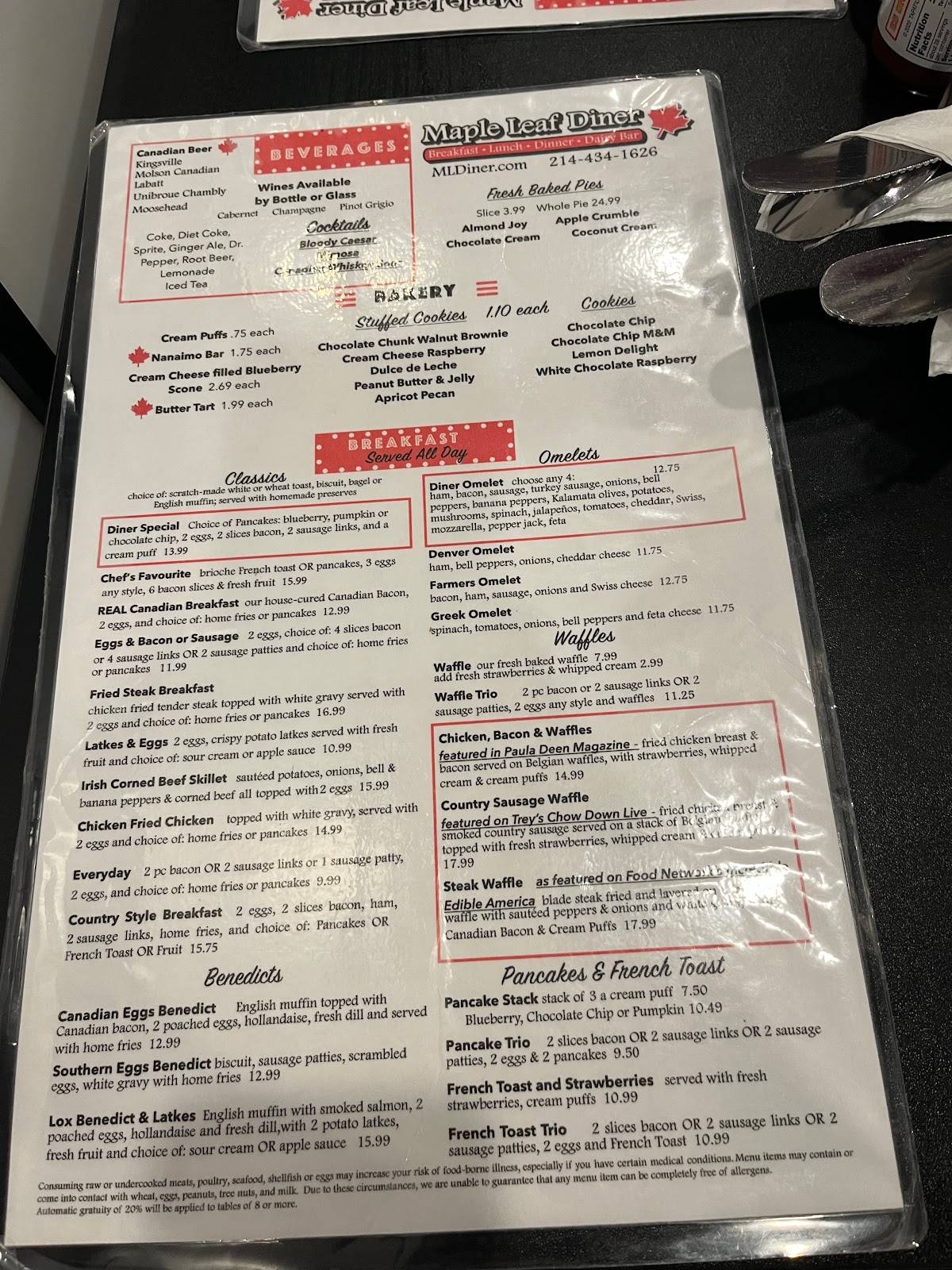 Menu at Maple Leaf Diner restaurant, Dallas