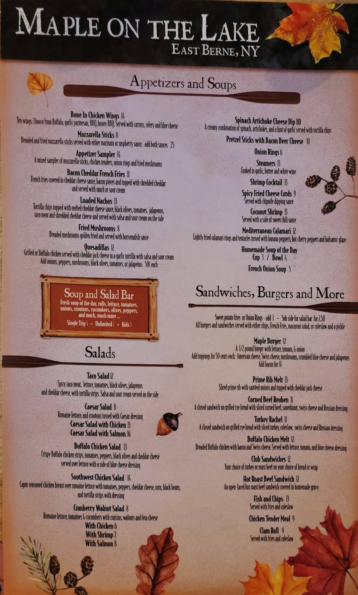 Menu at Maple On the Lake restaurant, East Berne