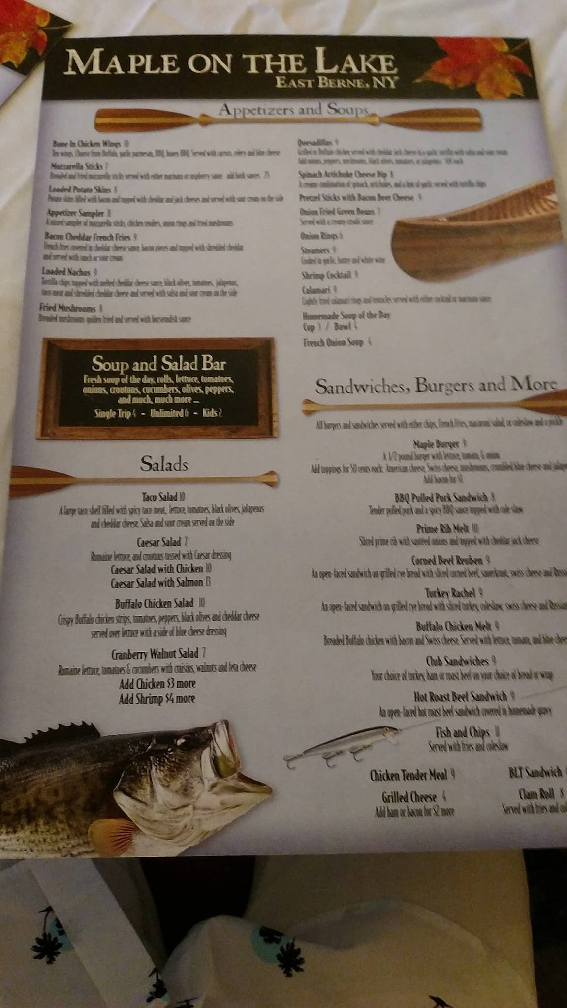 Menu at Maple On the Lake restaurant, East Berne