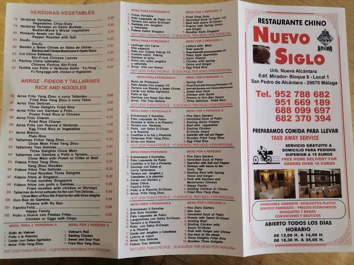 Carta del restaurante Nuevo Siglo, Marbella