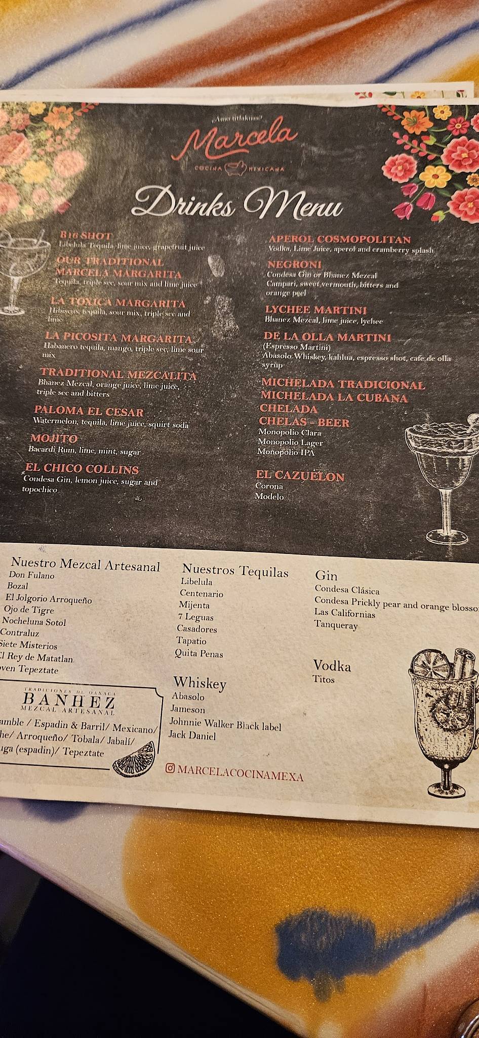 Carta del restaurante Marcela Cocina Mexicana, Nueva York