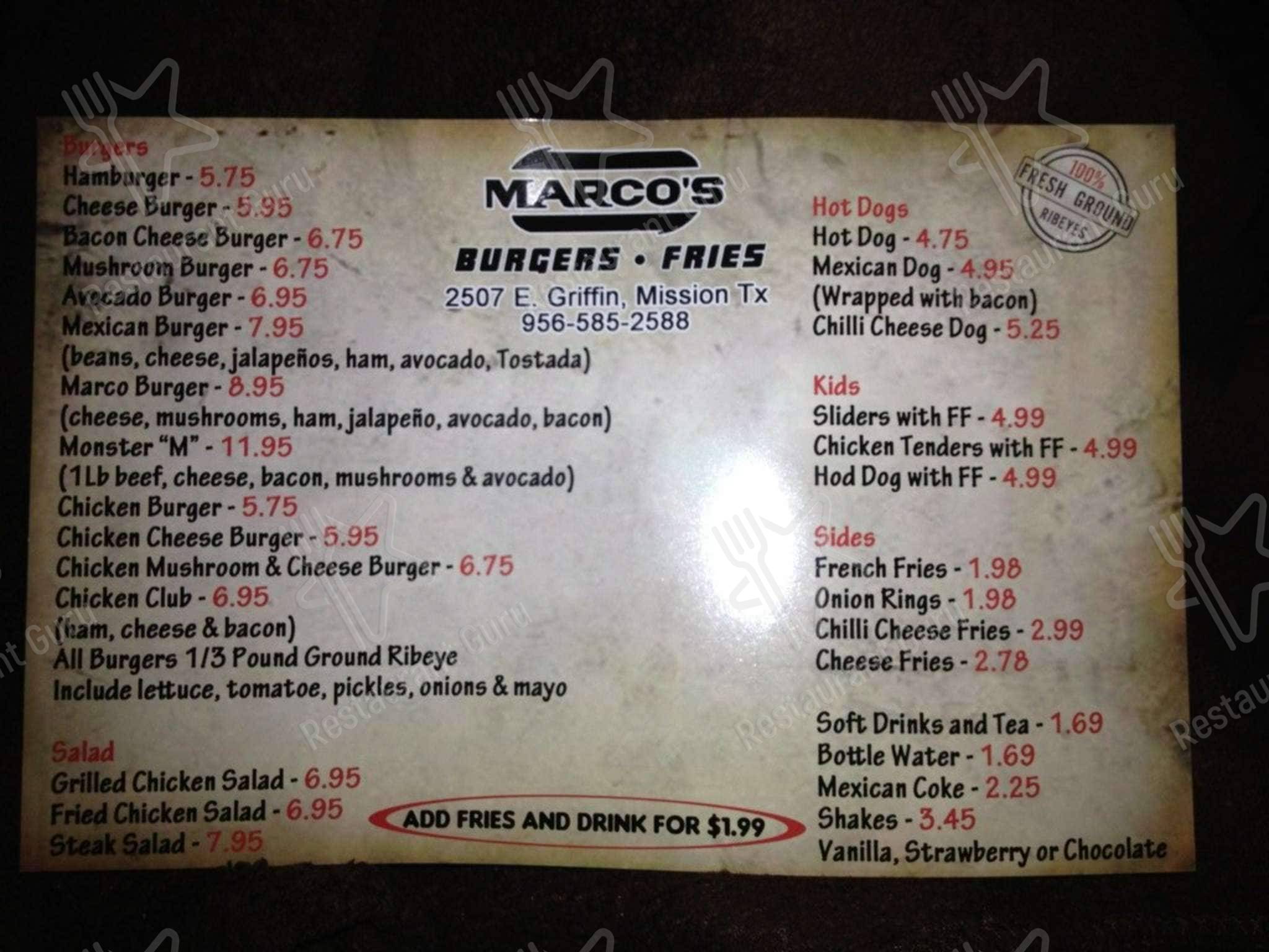 Menu at Marco's Burgers & More restaurant, Mission