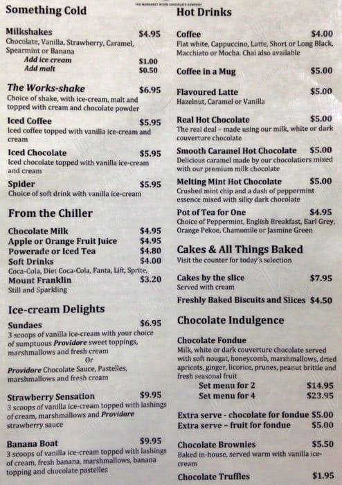 Menu at The Margaret River Chocolate Company restaurant, West Swan, W ...