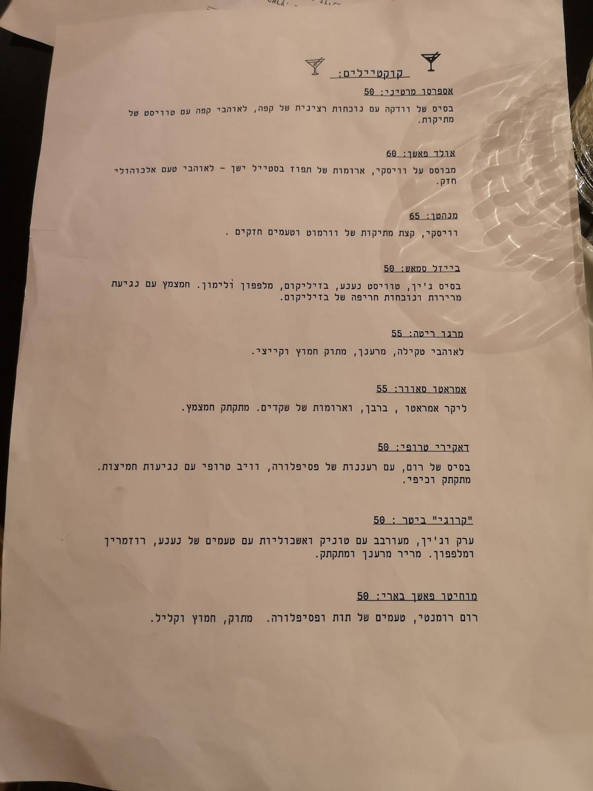 Menu at Margo restaurant, Jerusalem