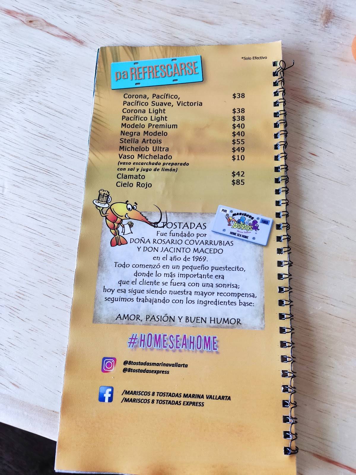 Menu at Mariscos 8 Tostadas restaurant, Puerto Vallarta, Quilla s/n ...