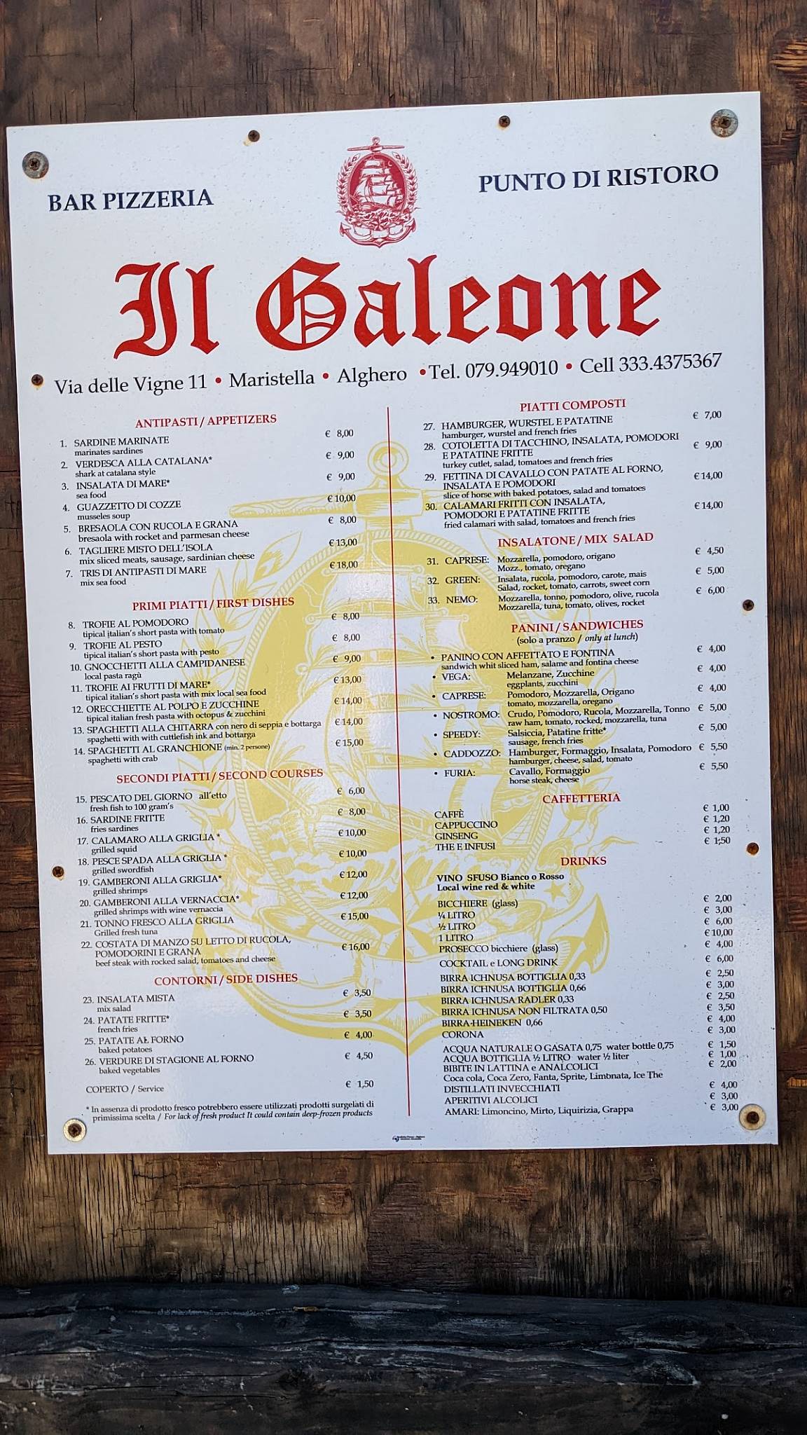 Menu da Il Galeone di Marzia Radovini ristorante, Maristella