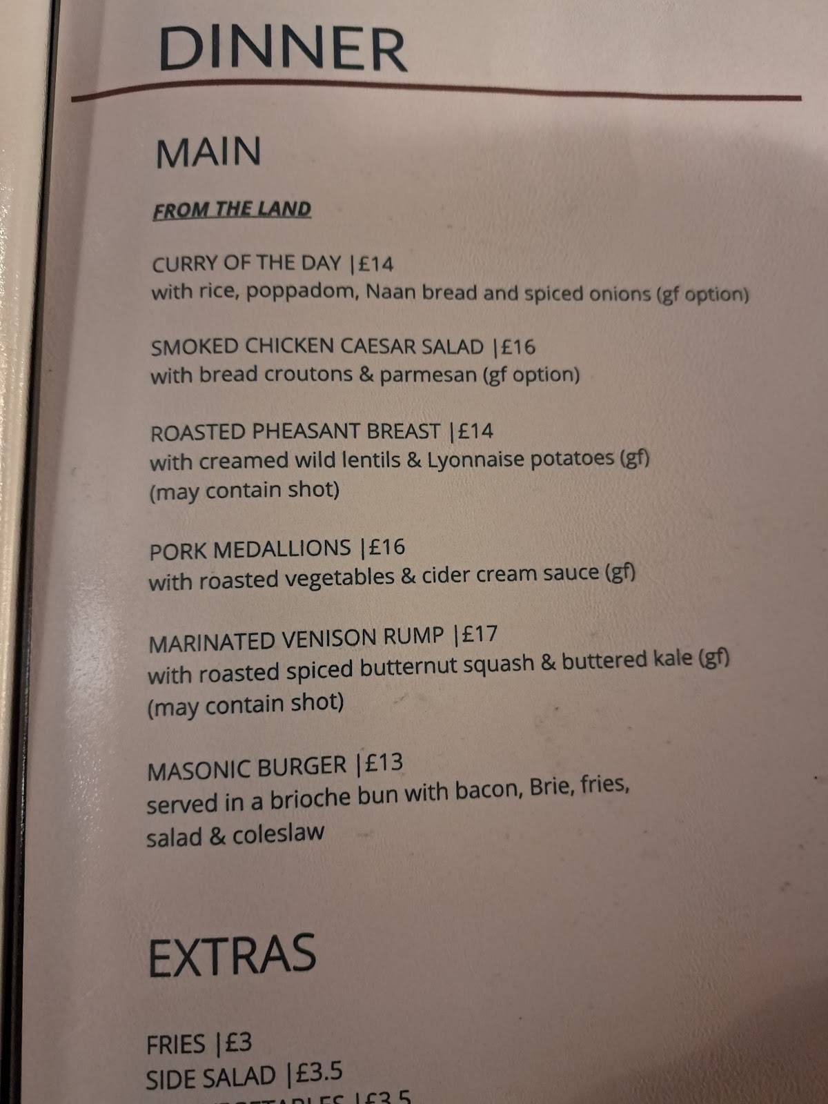 Menu at Masonic Arms restaurant, Gatehouse of Fleet
