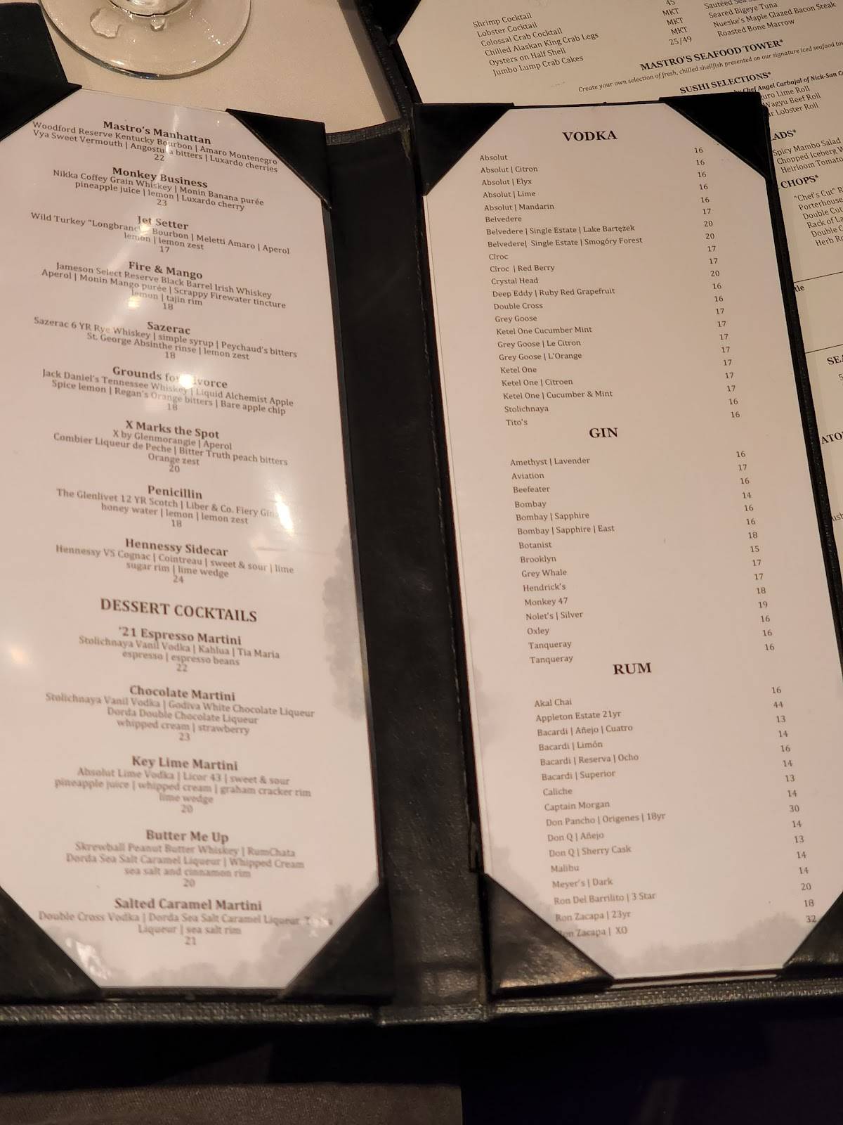 Carta de Mastro's Steakhouse, West New York