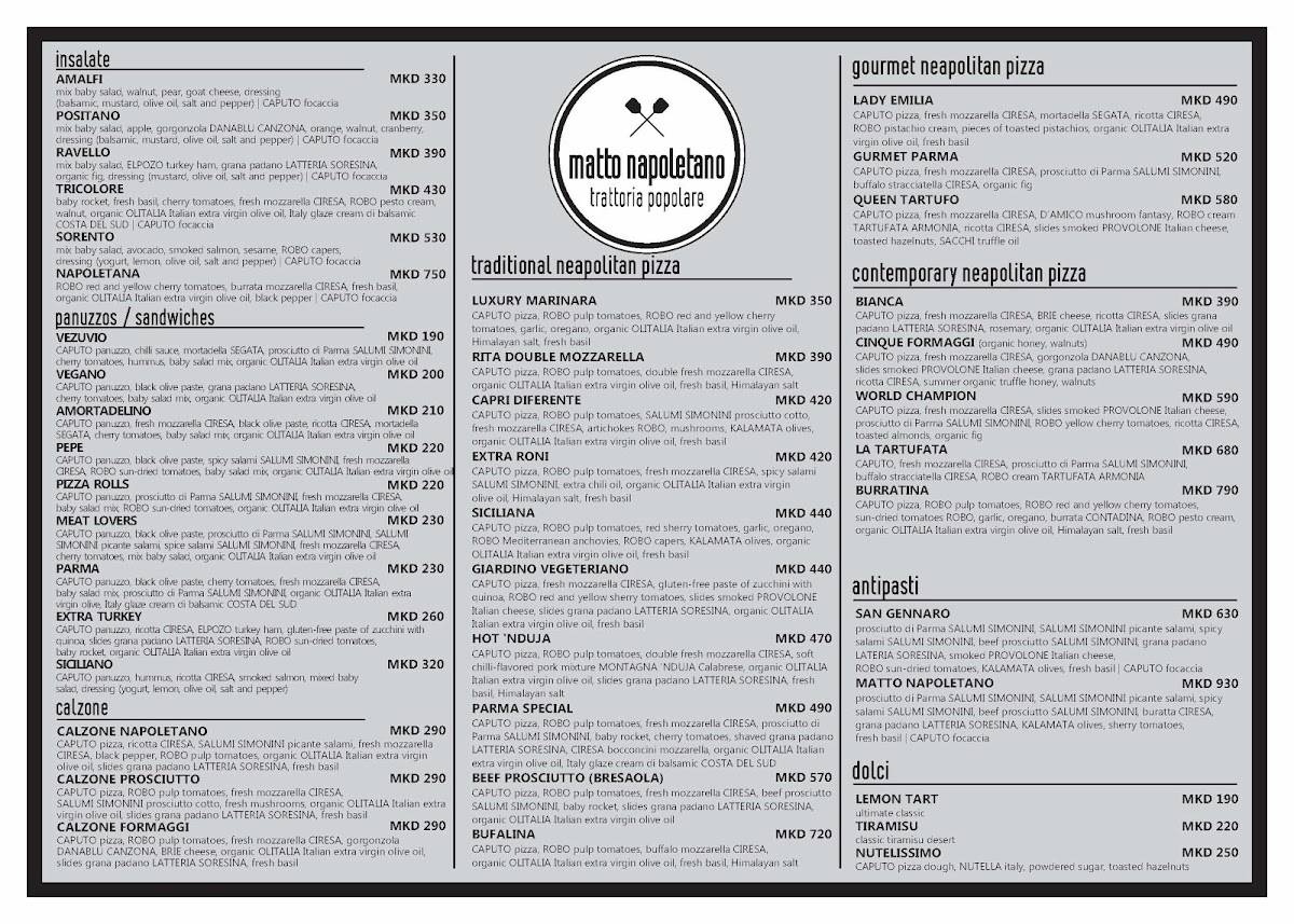 Menu at Matto Napoletano restaurant, Skopje