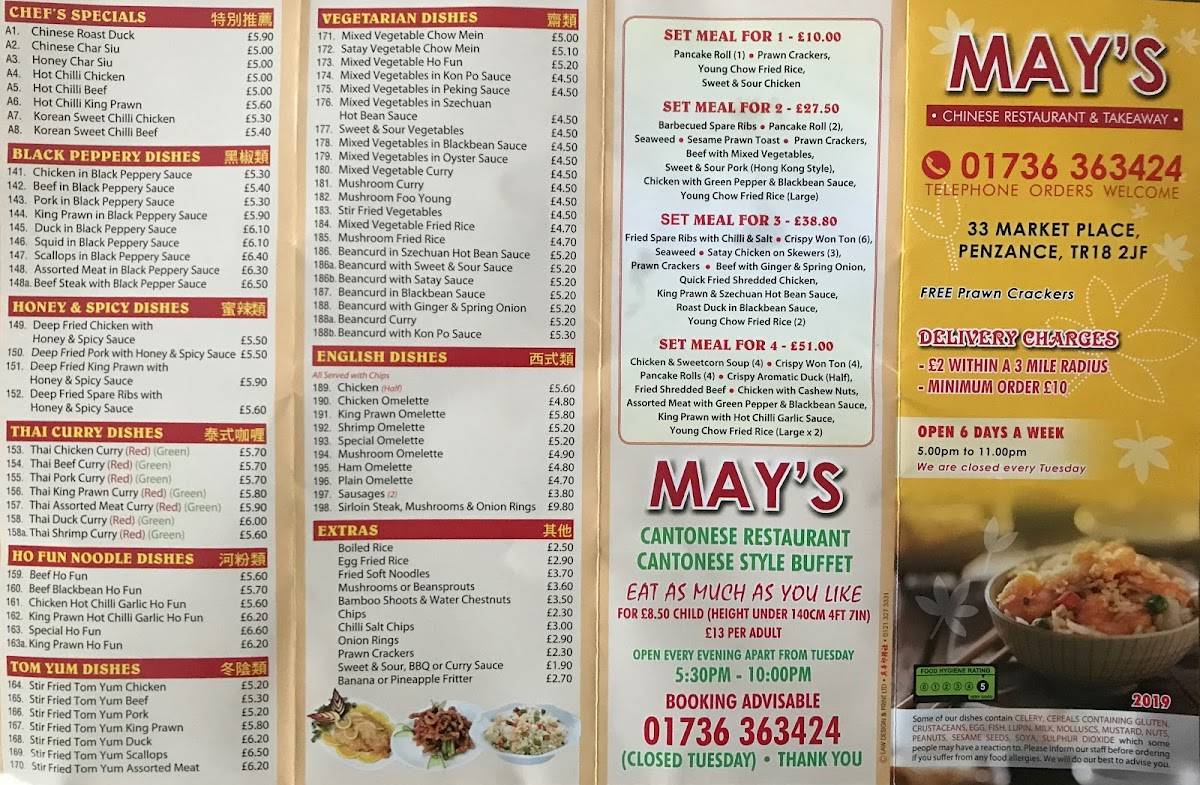 Carta del restaurante May's Chinese, Penzance