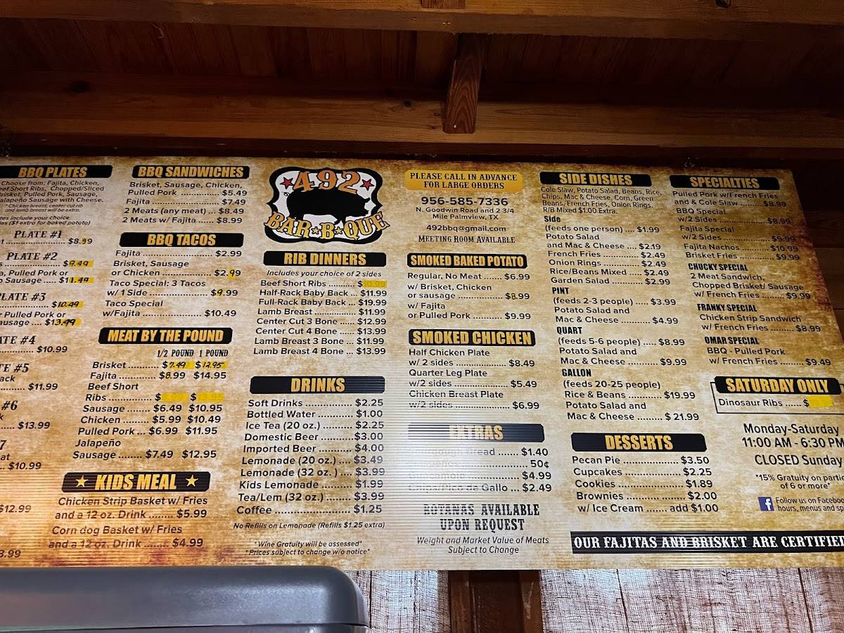 Menu at 492 BBQ, Mission, FM492