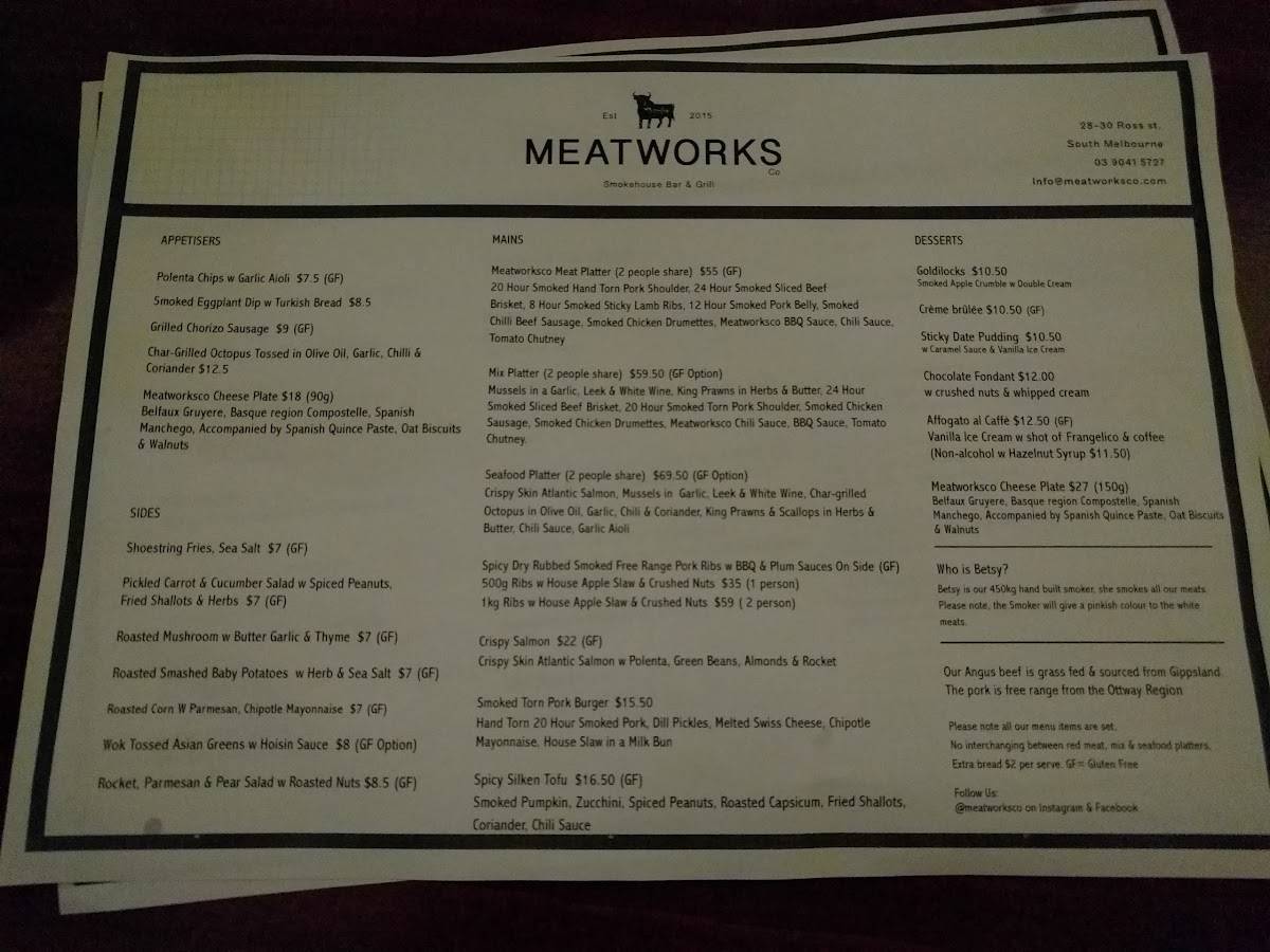 Menu at Meatworksco pub & bar, South Melbourne