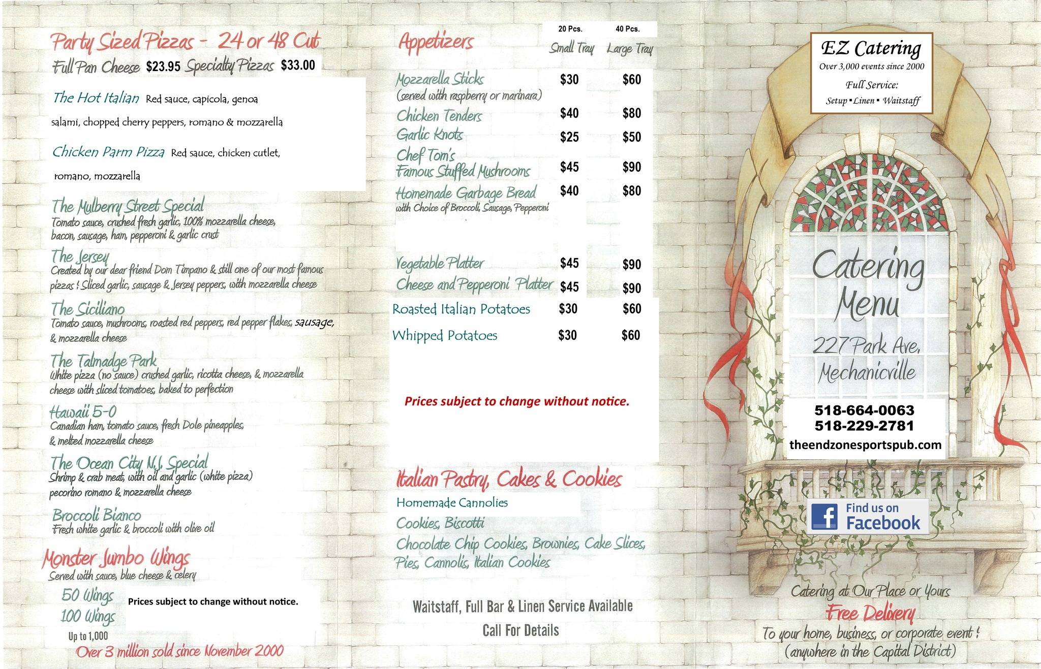 Menu at The End Zone Sports Pub & Restaurant, Mechanicville, 227 Park Ave