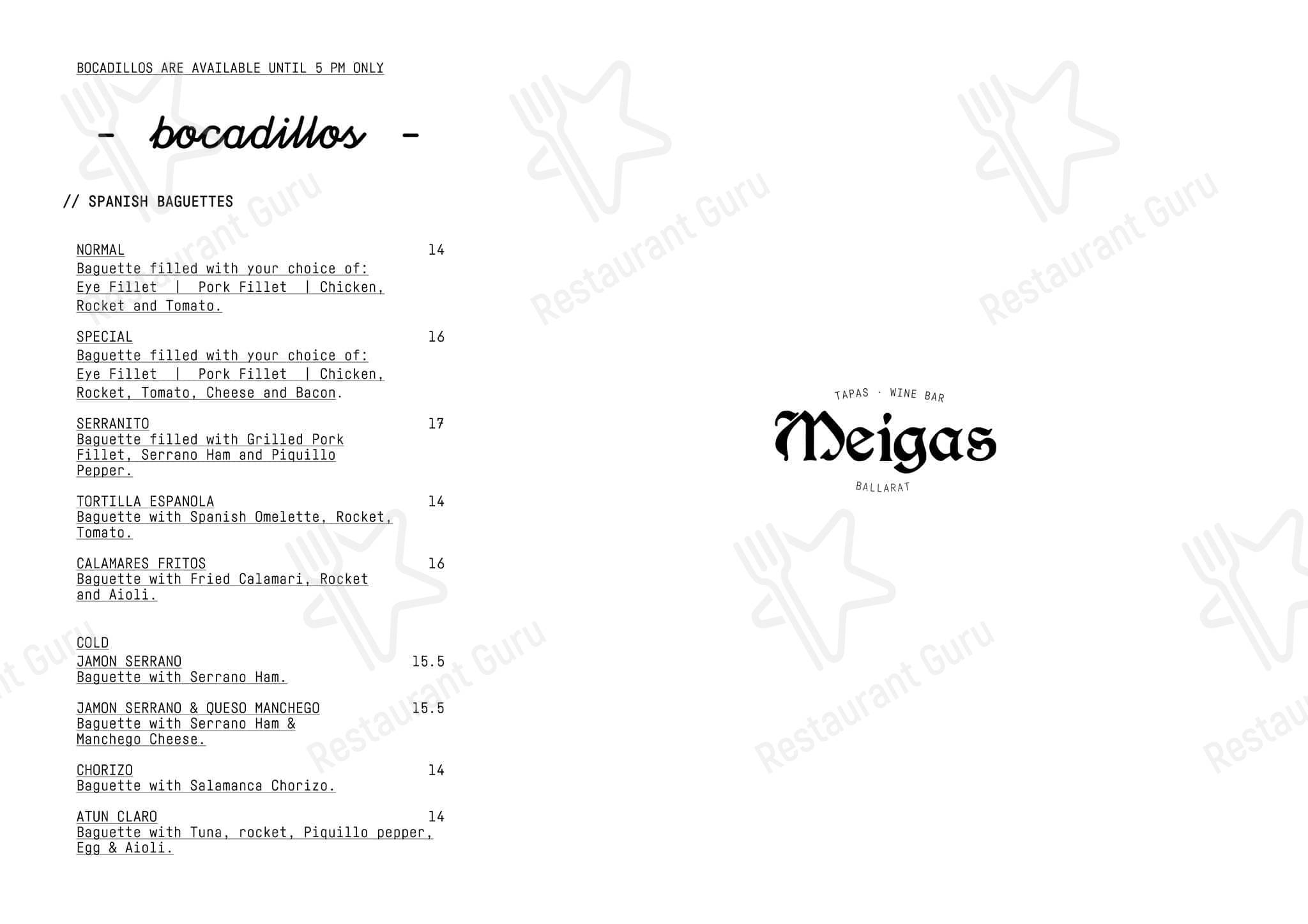 Menu at Meigas restaurant, Ballarat Central