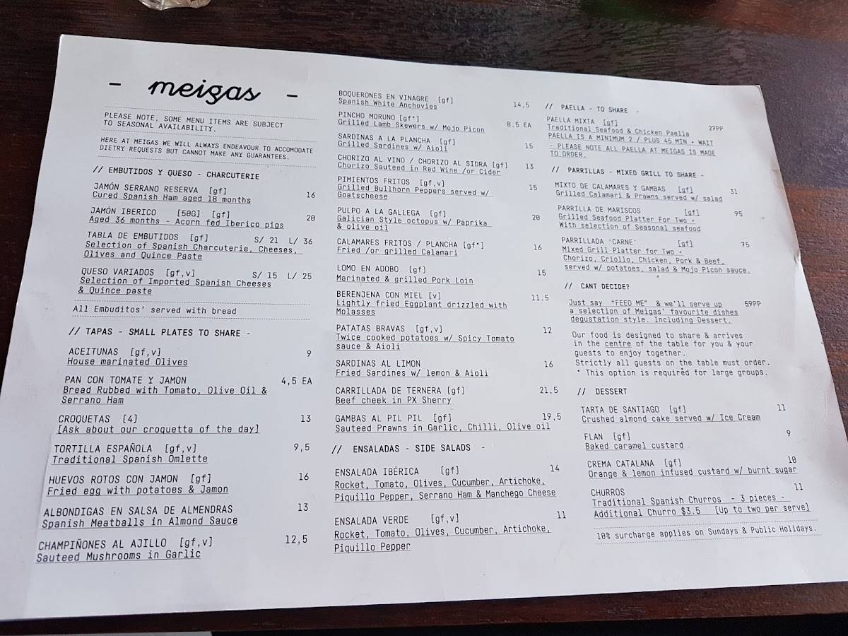 Menu at Meigas restaurant, Ballarat Central