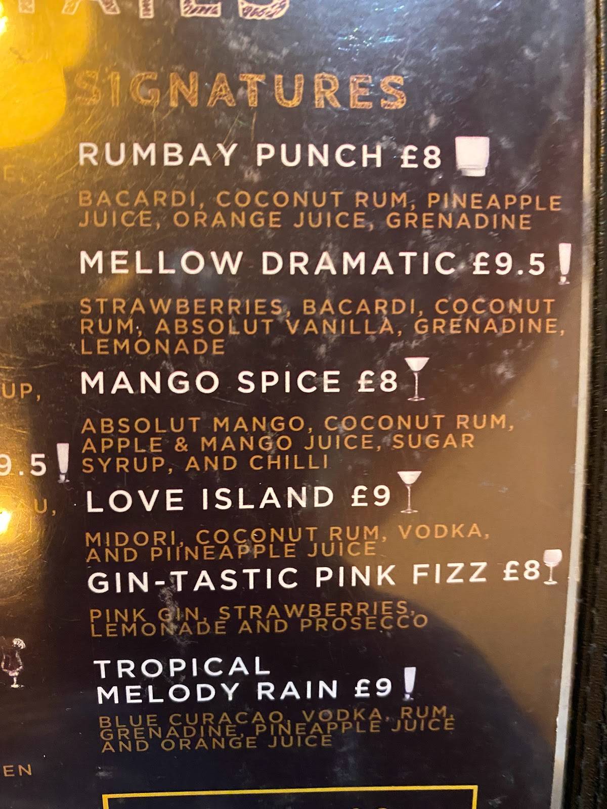 Menu at Mellow's restaurant, Birmingham
