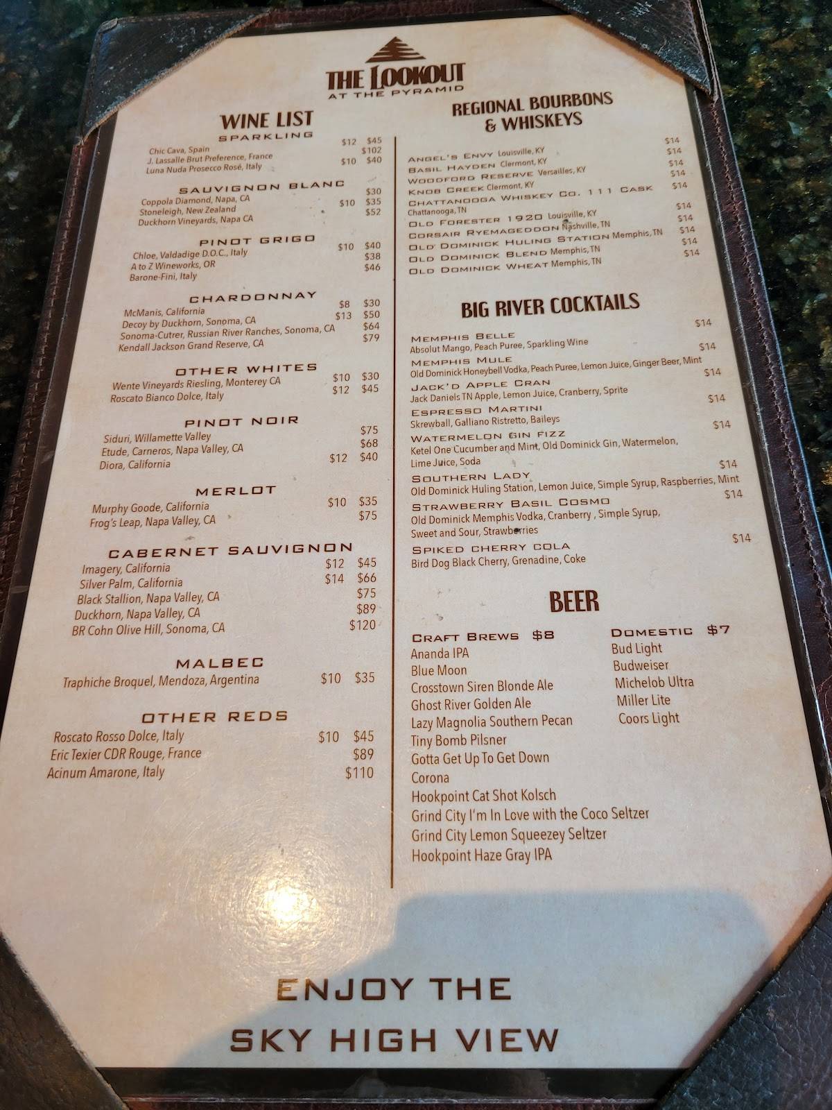 Menu at The Lookout at the Pyramid pub & bar, Memphis