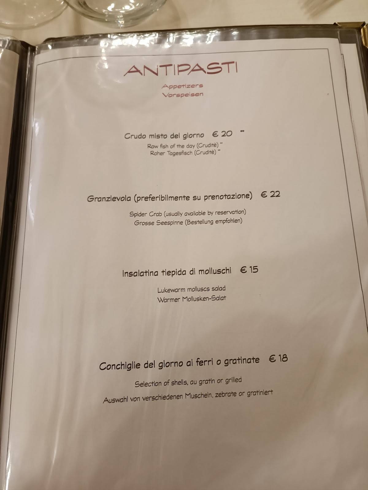Menu at Menarosti restaurant, Trieste, Via del Toro