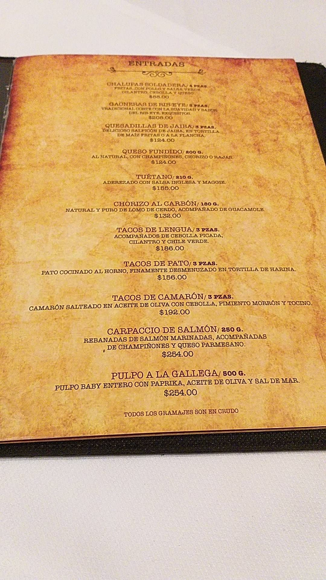 Menu at La Soldadera pub & bar, Mexico City
