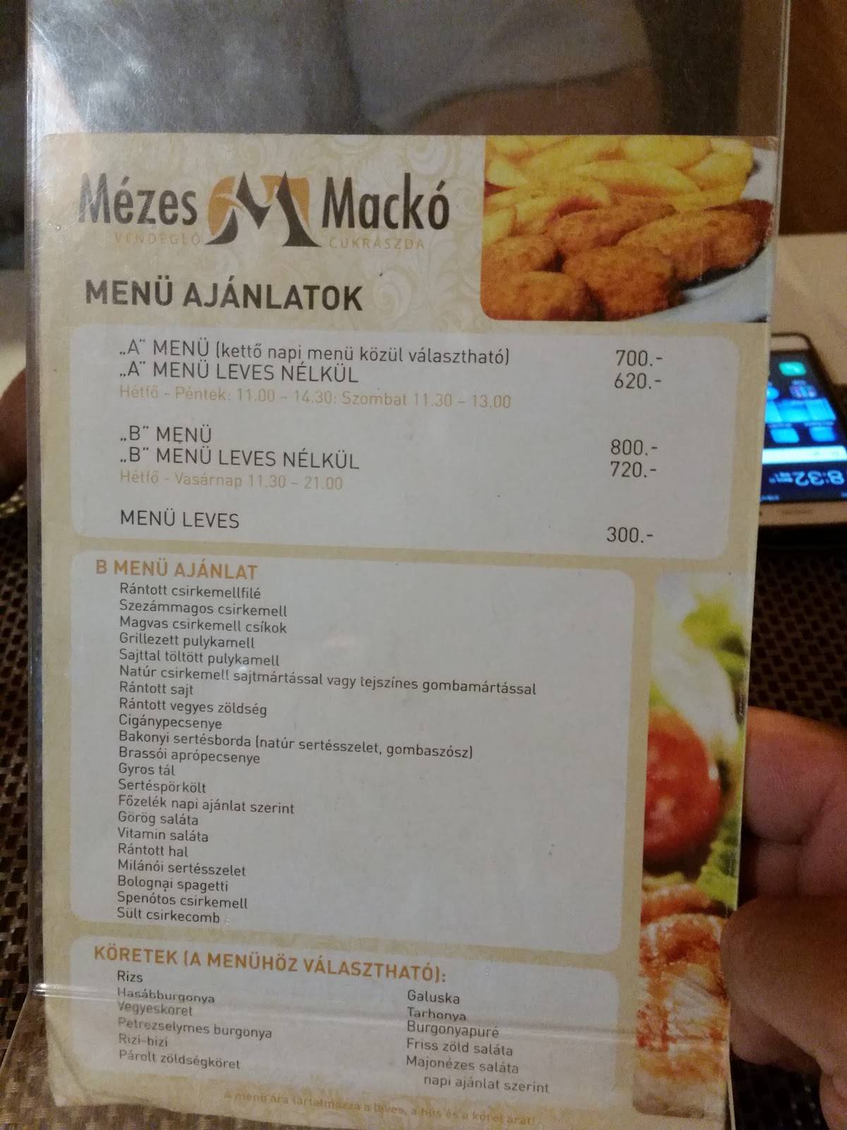 Menu at Mézes Mackó Étterem restaurant, Marcali