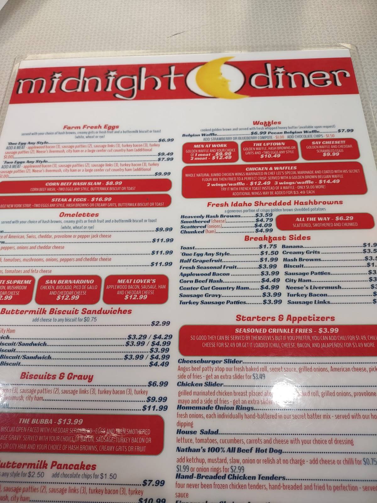 Menu at Midnight Diner restaurant, Charlotte, 108 E Morehead St