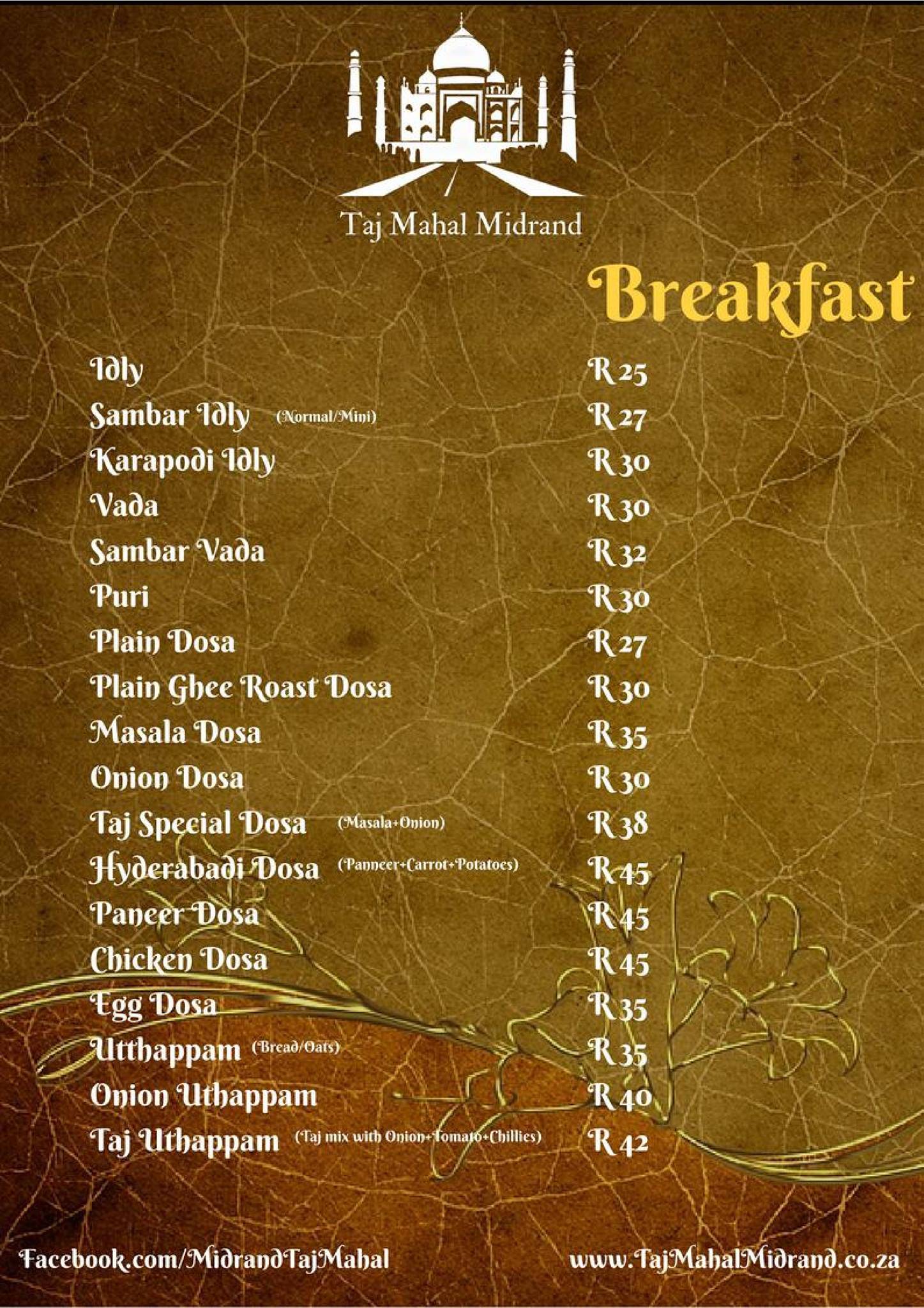 Menu at Taj Mahal Indian Restaurant, Midrand, 37 Le Roux Avenue