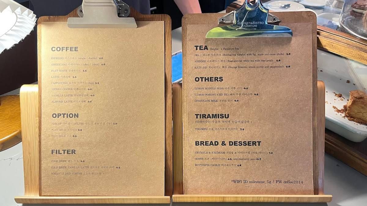 Menu at Milestone Coffee cafe, Seoul, 49 Nonhyeon-ro 159-gil