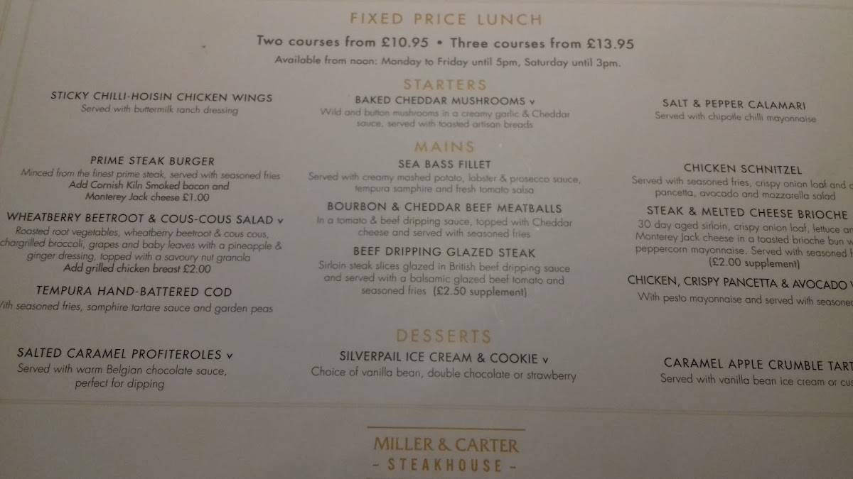 Menu at Miller & Carter Gosforth Park steakhouse, Newcastle upon Tyne ...