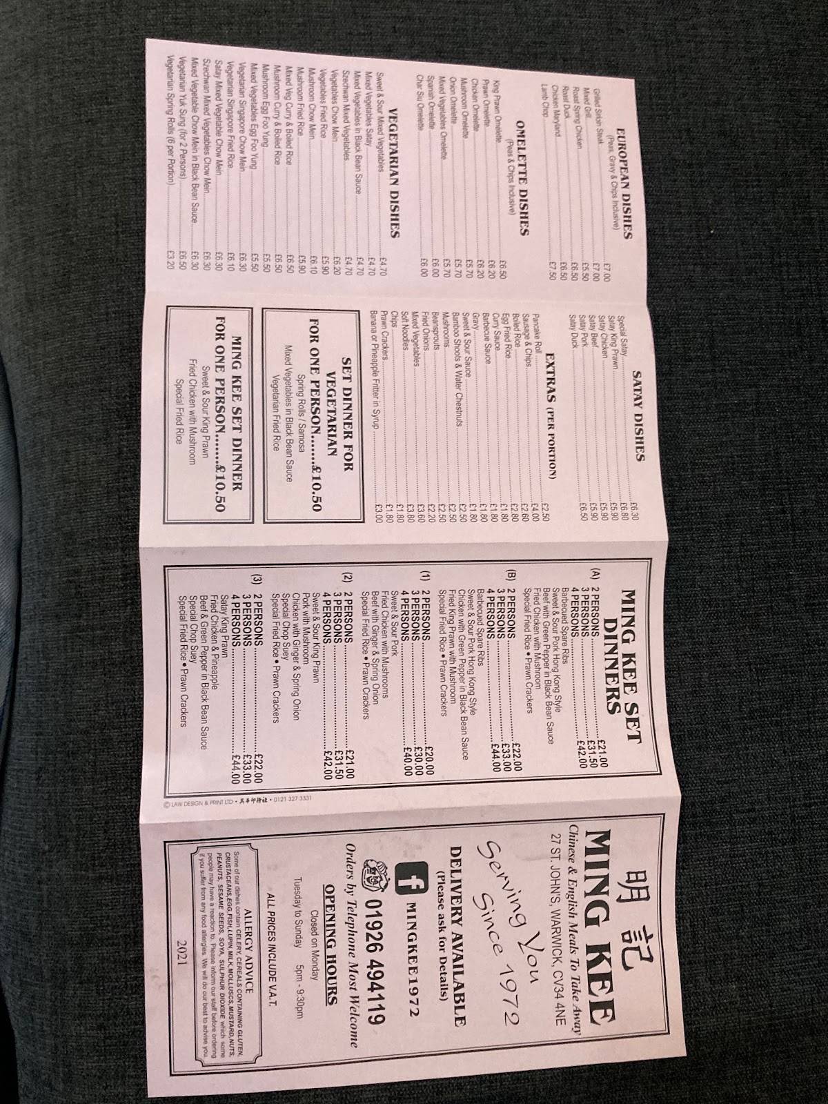 Menu at Ming Kee Chinese Take Away fast food, Warwick