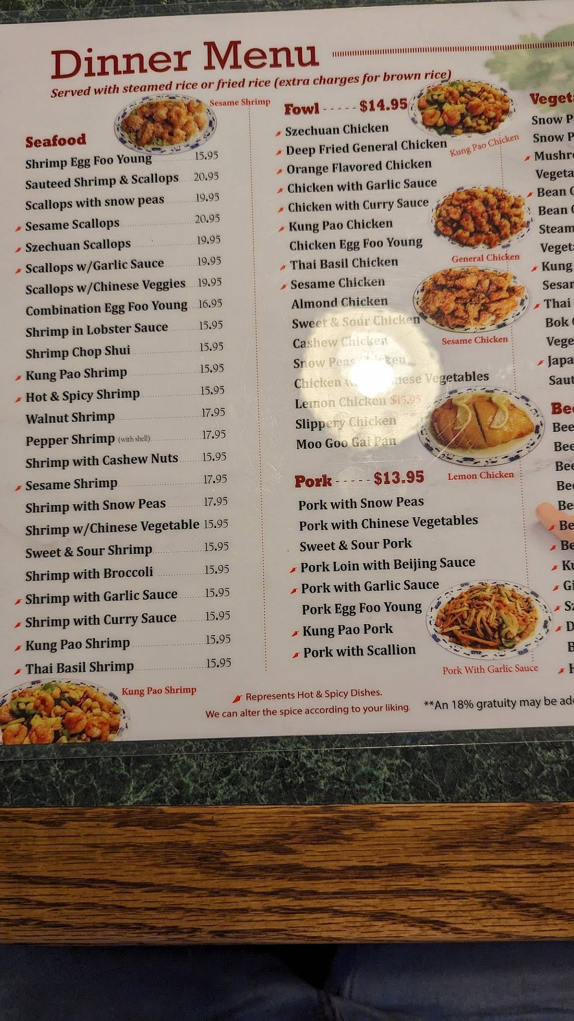 Menu at Ming's Dynasty restaurant, Denver